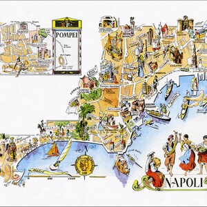 Fun Map of Naples in Italy Vintage Pictorial Whimsical Cartoon Old ...