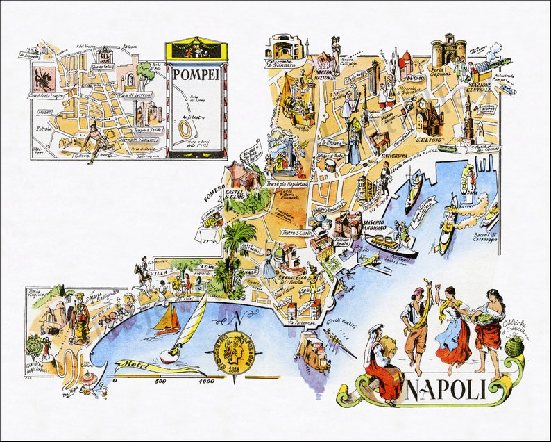 Fun Map of Naples in Italy Vintage Pictorial Whimsical Cartoon Old ...