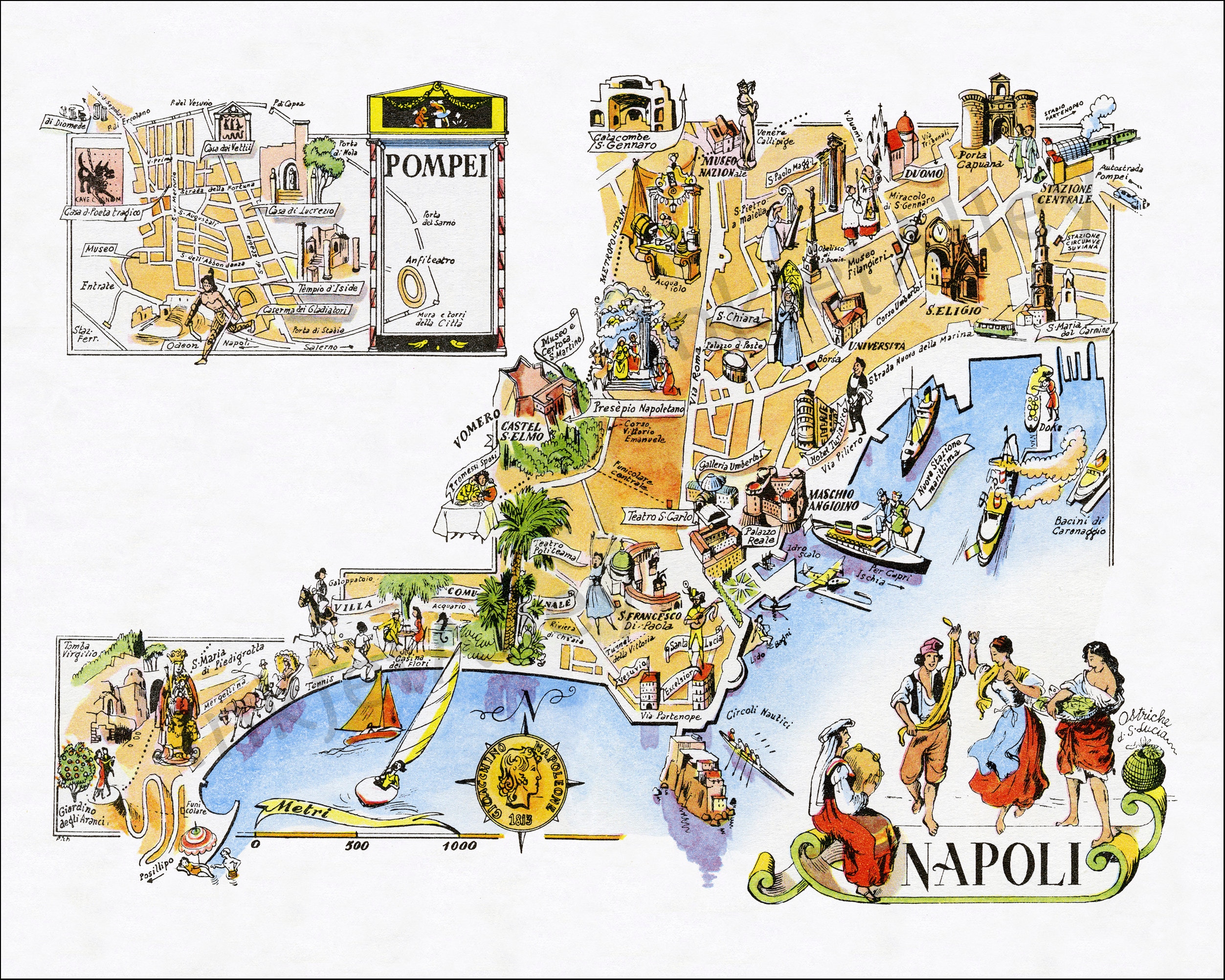 Fun Map of Naples in Italy Vintage Pictorial Whimsical Cartoon Old ...