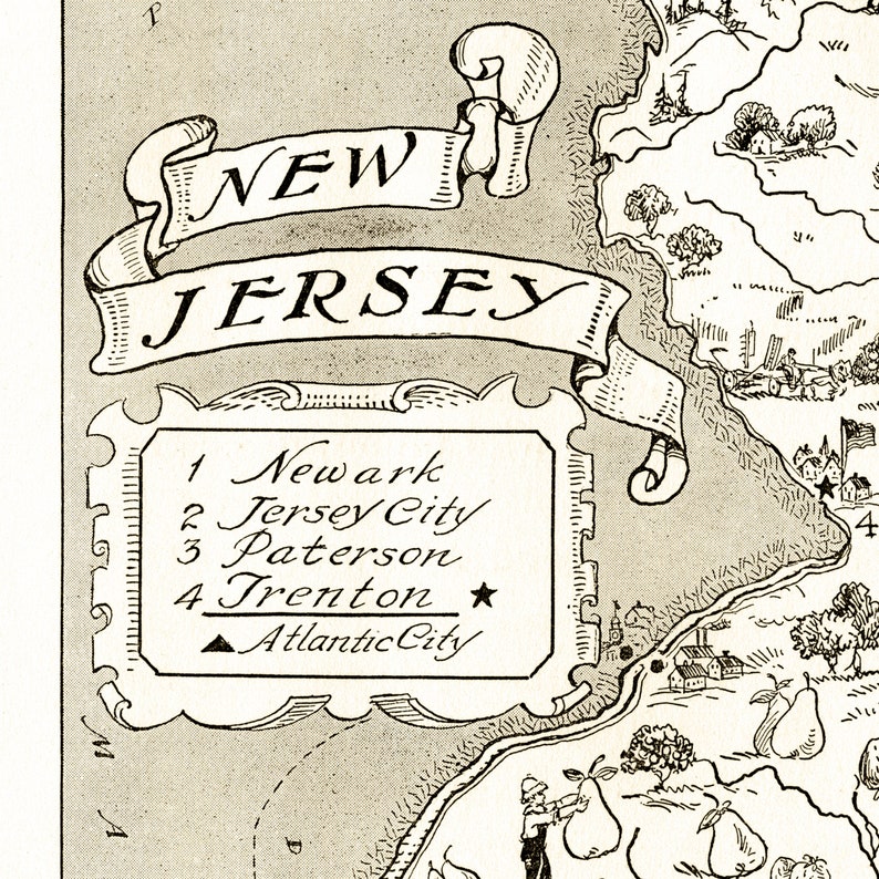 Vintage State Map of New Jersey Fun Pictorial Whimsical - Etsy