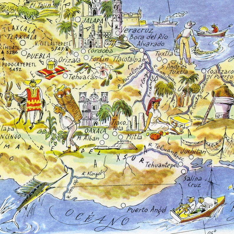 Fun Map of Mexico Sur South Vintage Pictorial Whimsical Cartoon Old ...