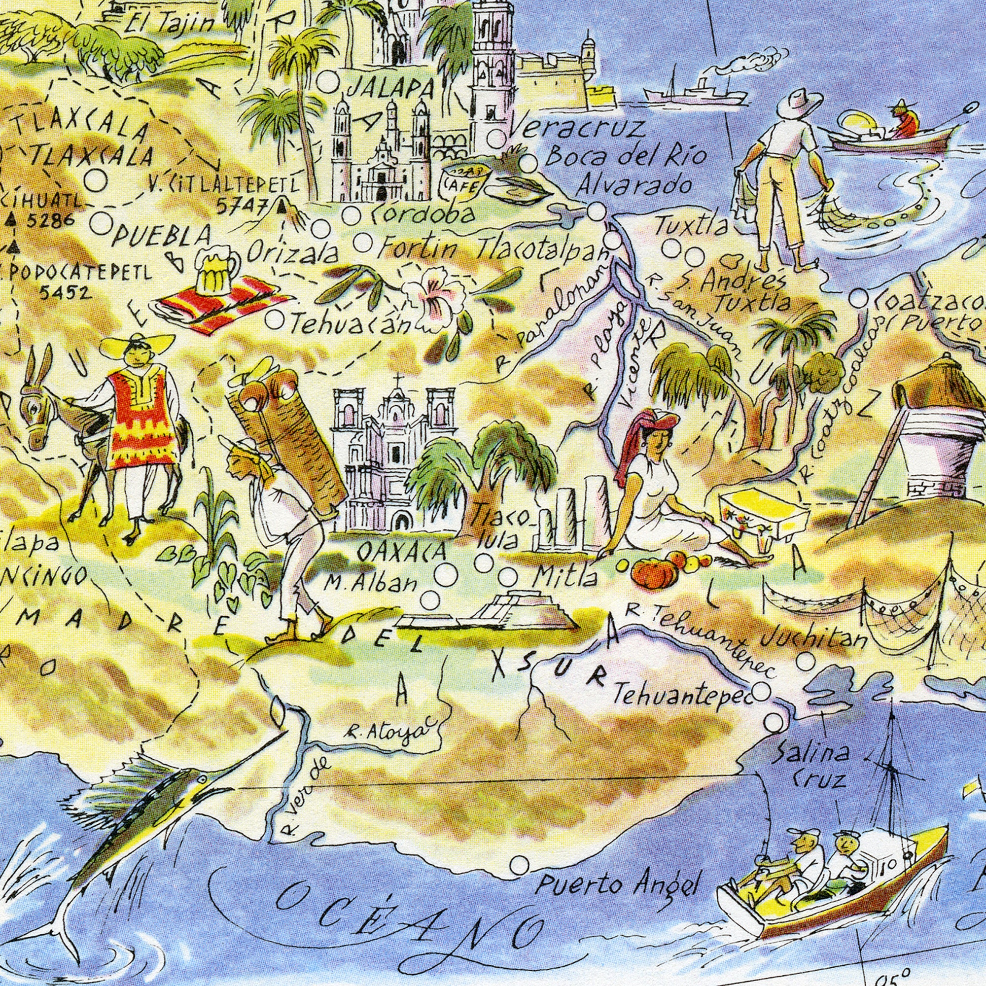 Fun Map of Mexico Sur South Vintage Pictorial Whimsical Cartoon Old ...