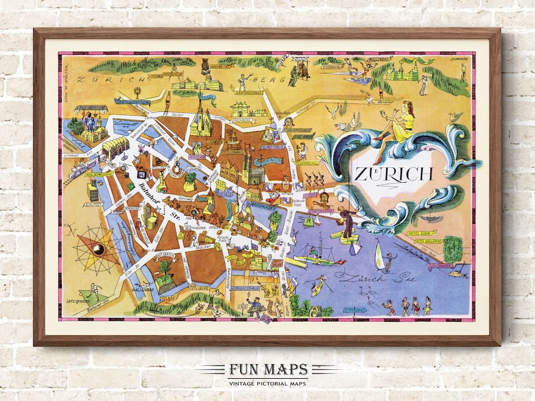 Fun Street Map of Zurich in Switzerland - Vintage Pictorial Whimsical ...