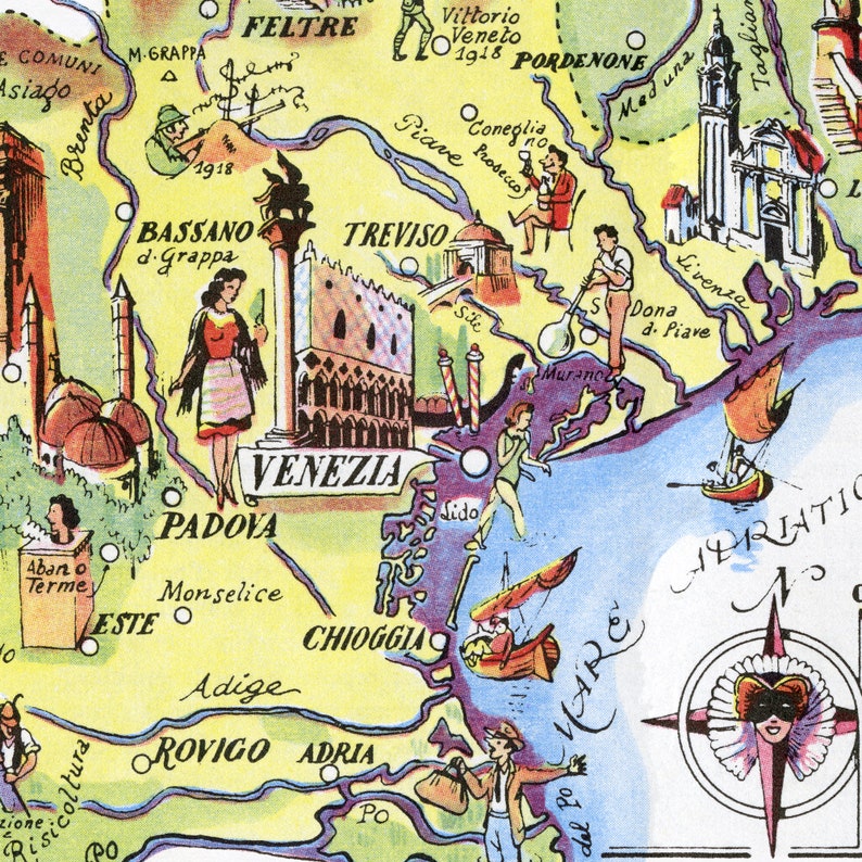 Fun Map of Veneto in Italy Vintage Pictorial Whimsical Cartoon Old ...