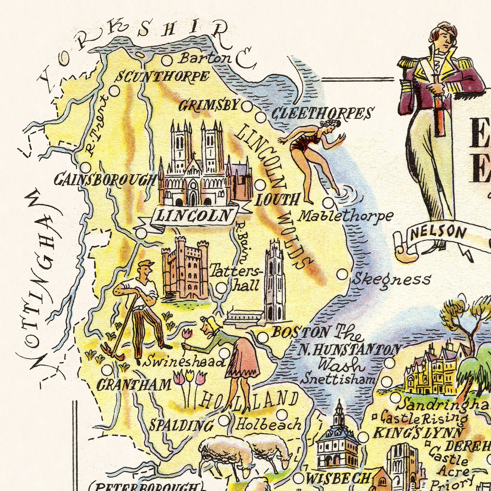 Fun Map of Eastern England in Great Britain, England, UK, Vintage ...