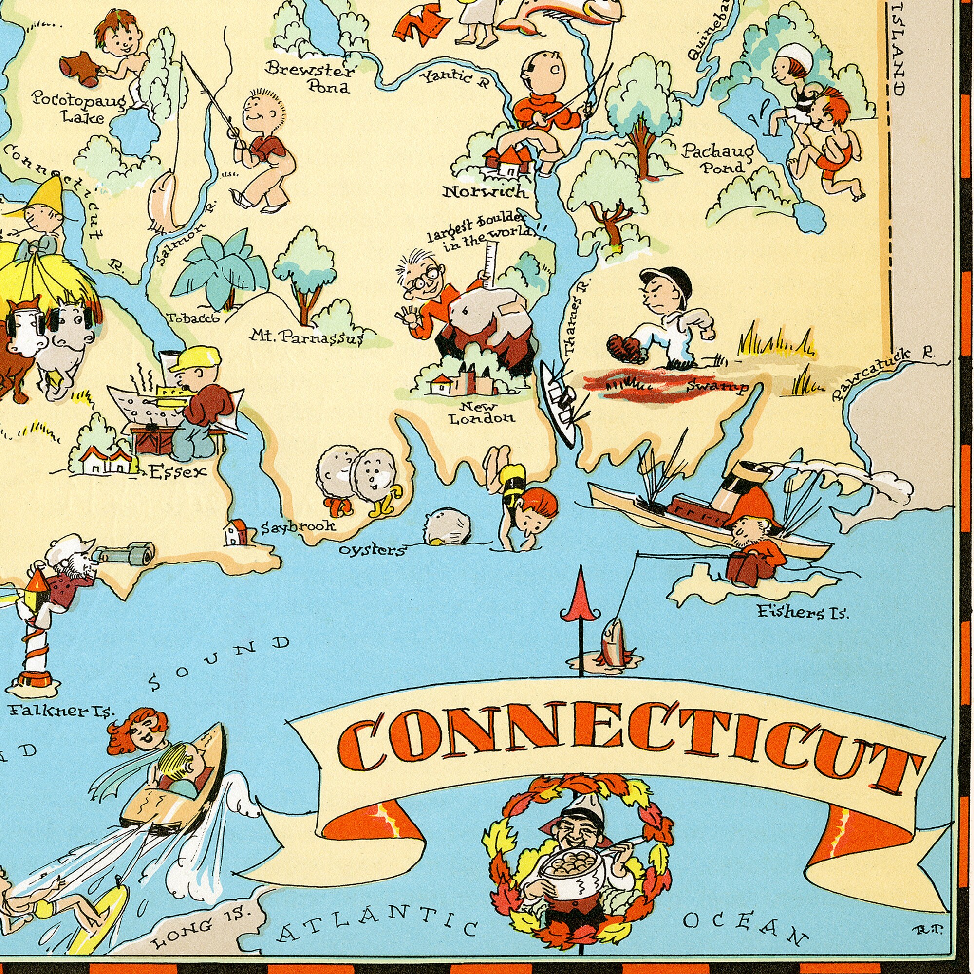 Fun State Map of Connecticut– Vintage Pictorial Whimsical Cartoon Print ...