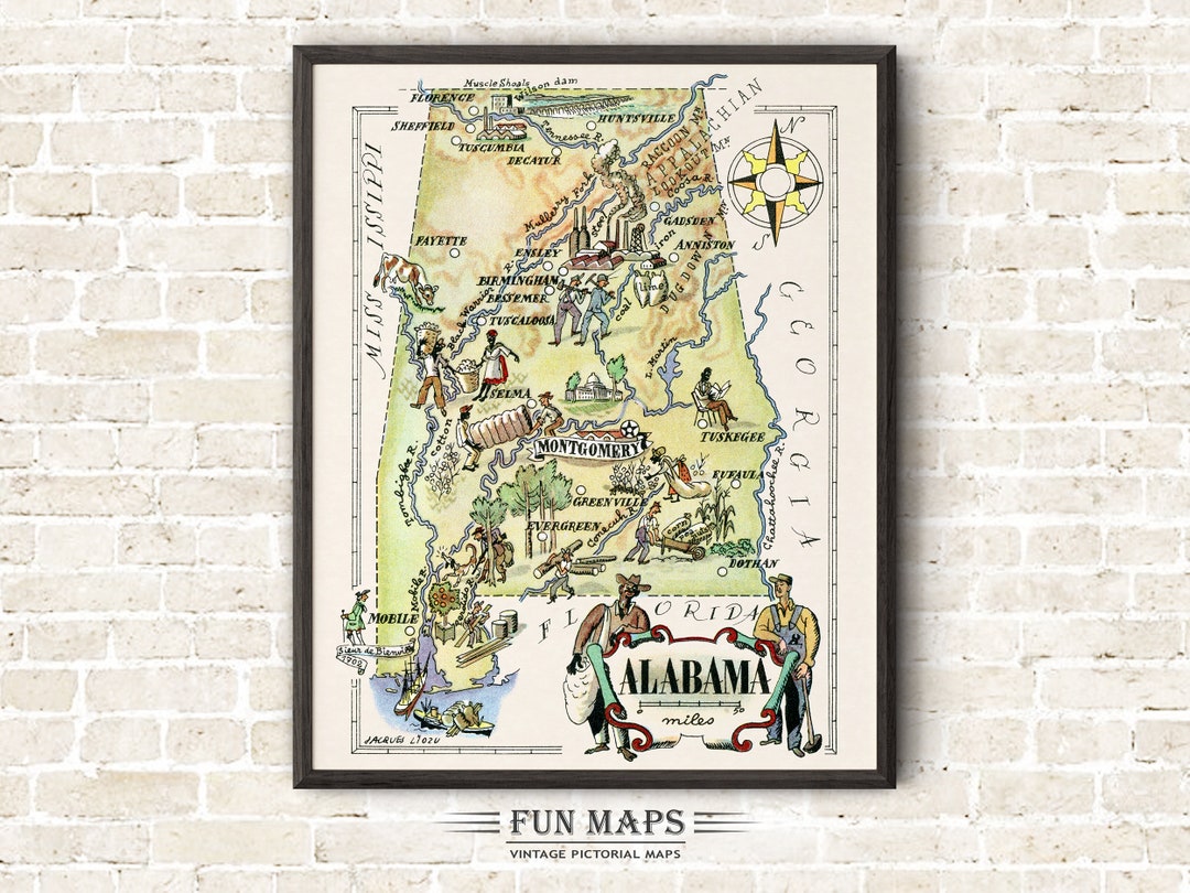 Fun State Map of Alabama – Vintage Pictorial Whimsical Cartoon Print ...