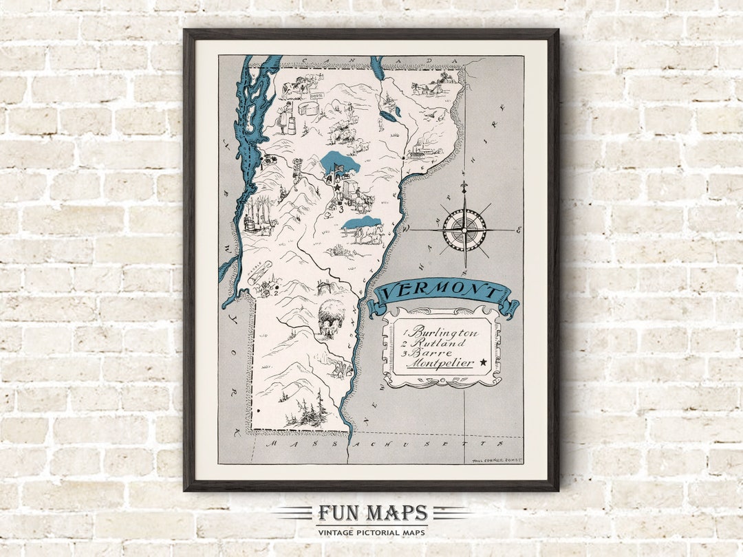 Fun Map of Vermont – Vintage Pictorial Whimsical Cartoon Print ...