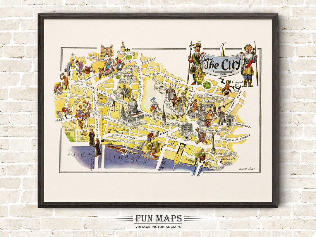 Fun Map of the City in Great Britain, London, England, UK, Vintage ...