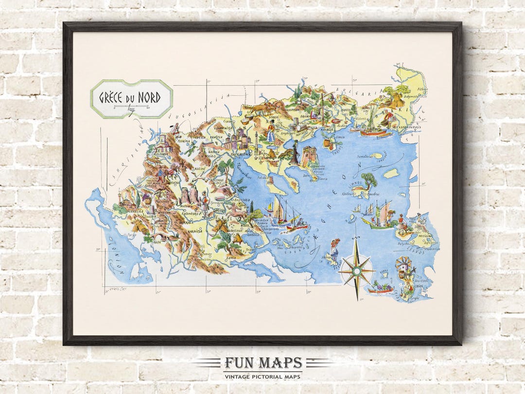 Fun Map of Northern Greece Vintage Pictorial Whimsical Cartoon Old ...