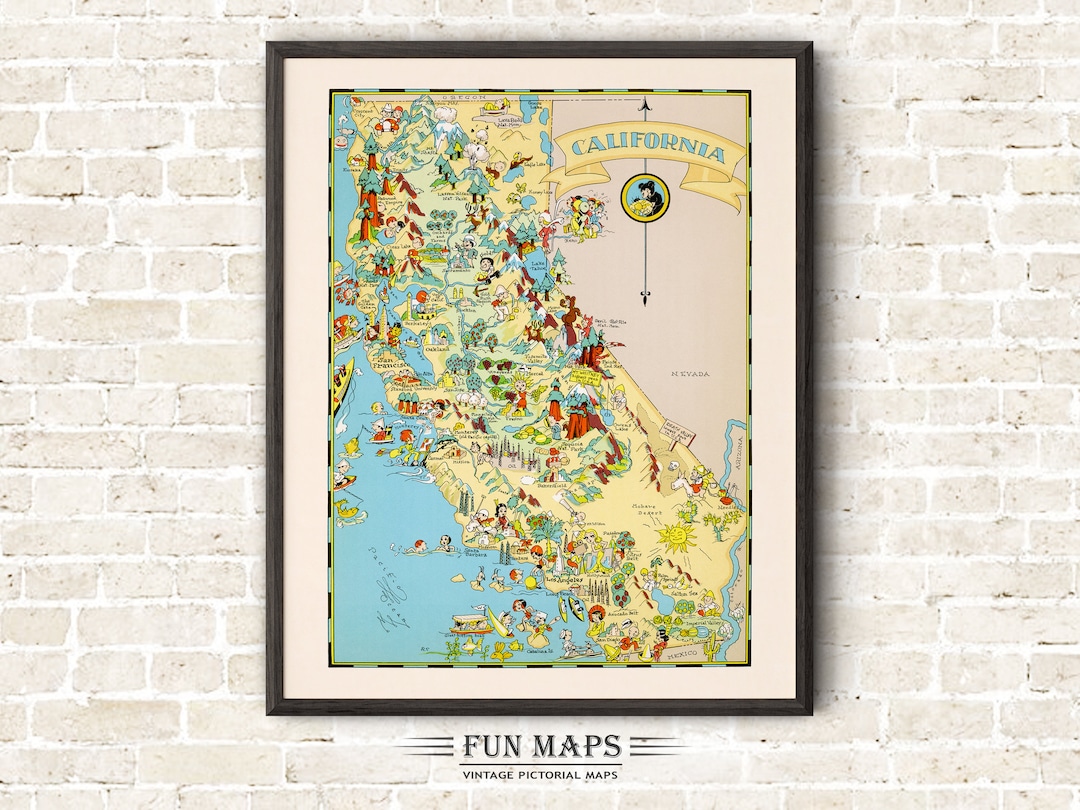 Fun State Map of California – Vintage Pictorial Whimsical Cartoon Print ...