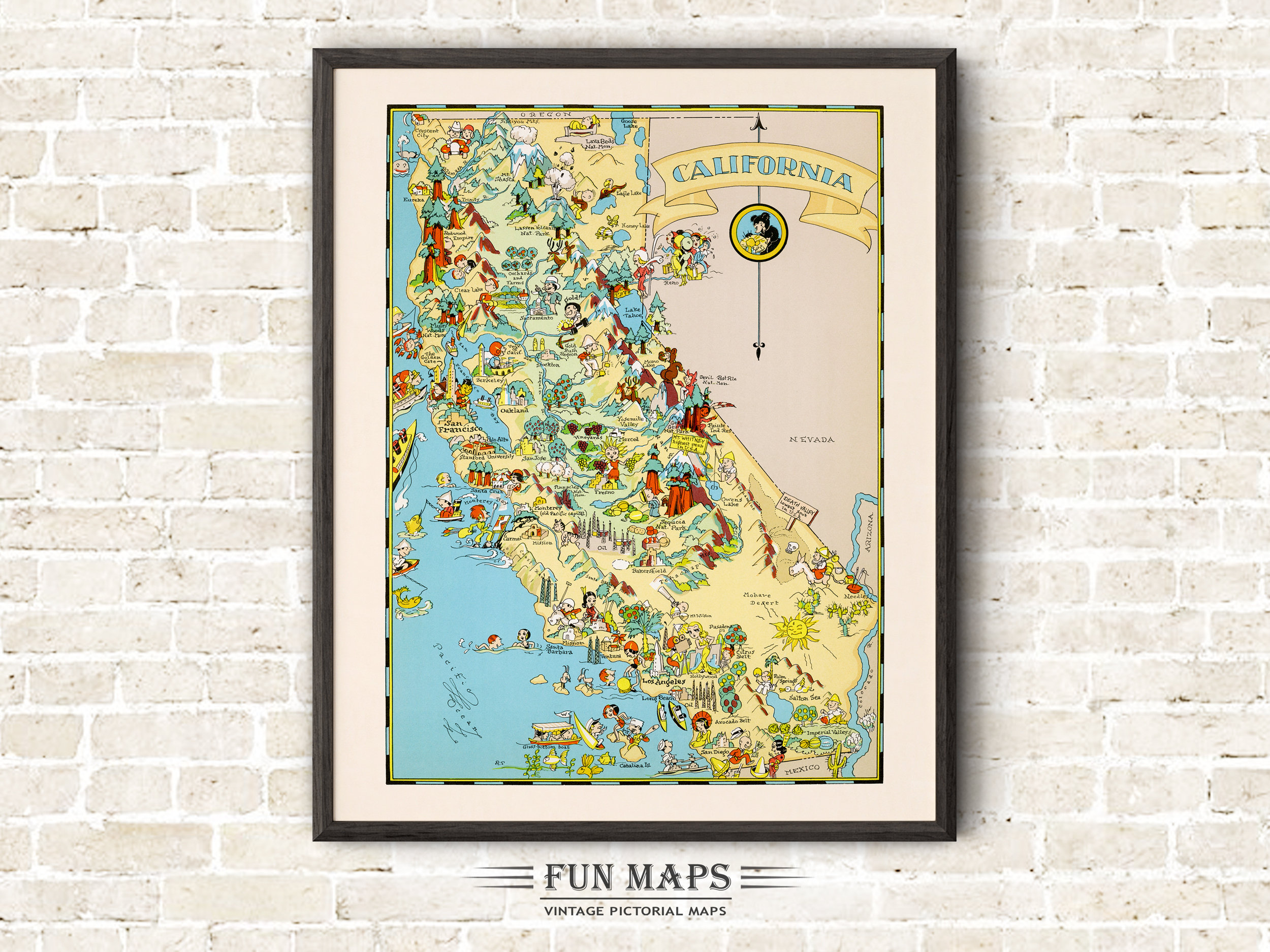 Fun State Map of California – Vintage Pictorial Whimsical Cartoon Print ...