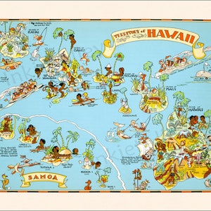 Fun State Map of Hawaii – Vintage Pictorial Whimsical Cartoon Print ...
