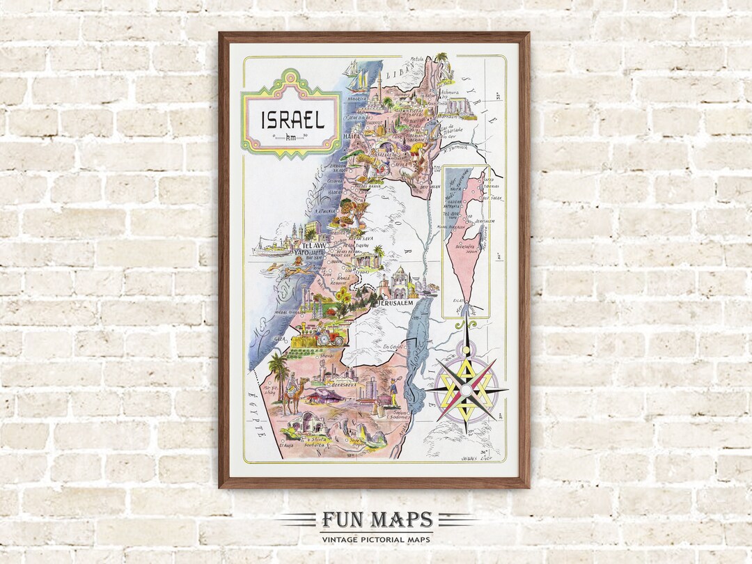 Old Map of Israel in the Middle East, Vintage Pictorial Cartoon Print ...