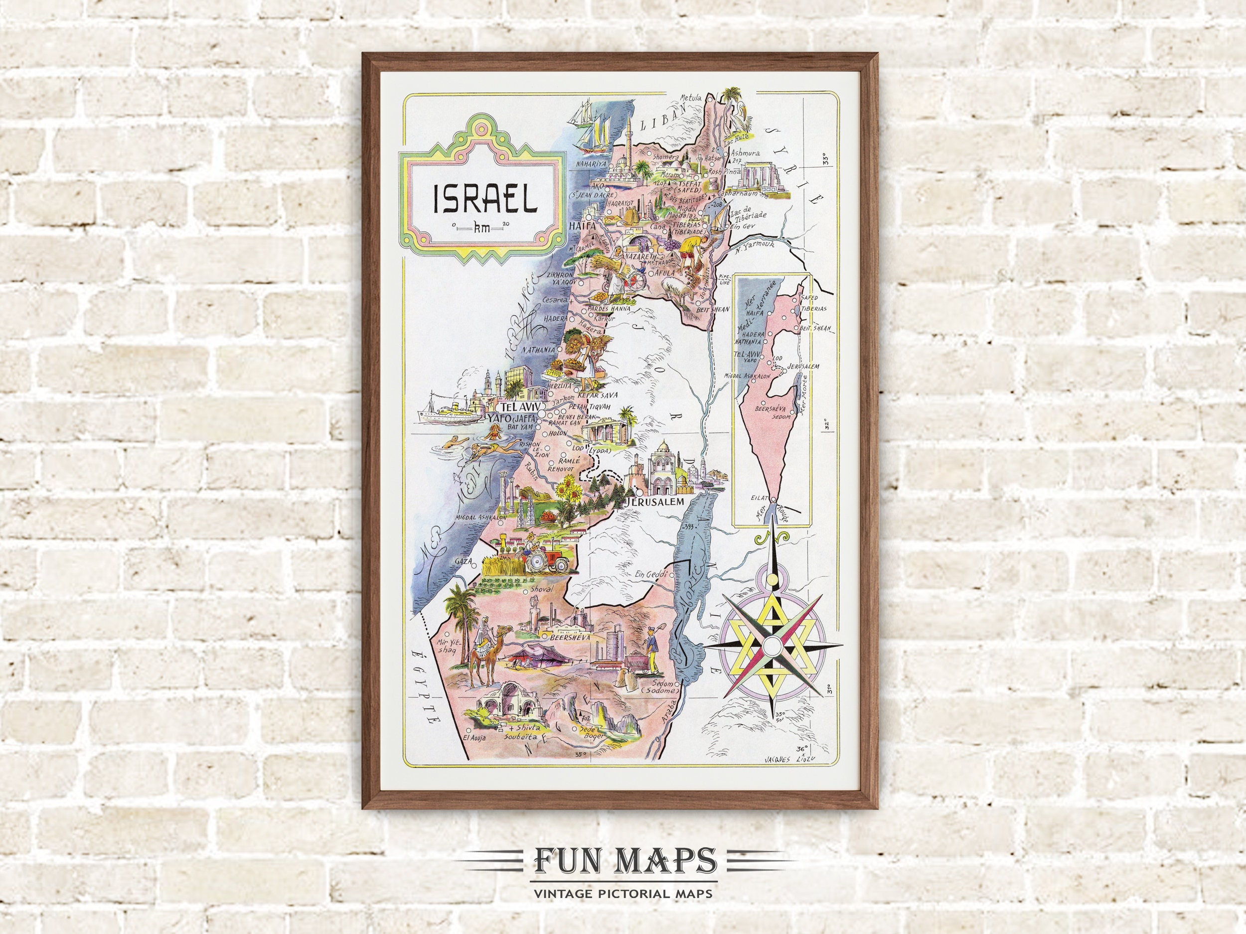 Old Map of Israel in the Middle East, Vintage Pictorial Cartoon Print ...