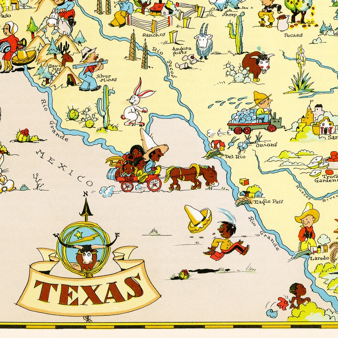 Fun State Map of Texas – Vintage Pictorial Whimsical Cartoon Print ...
