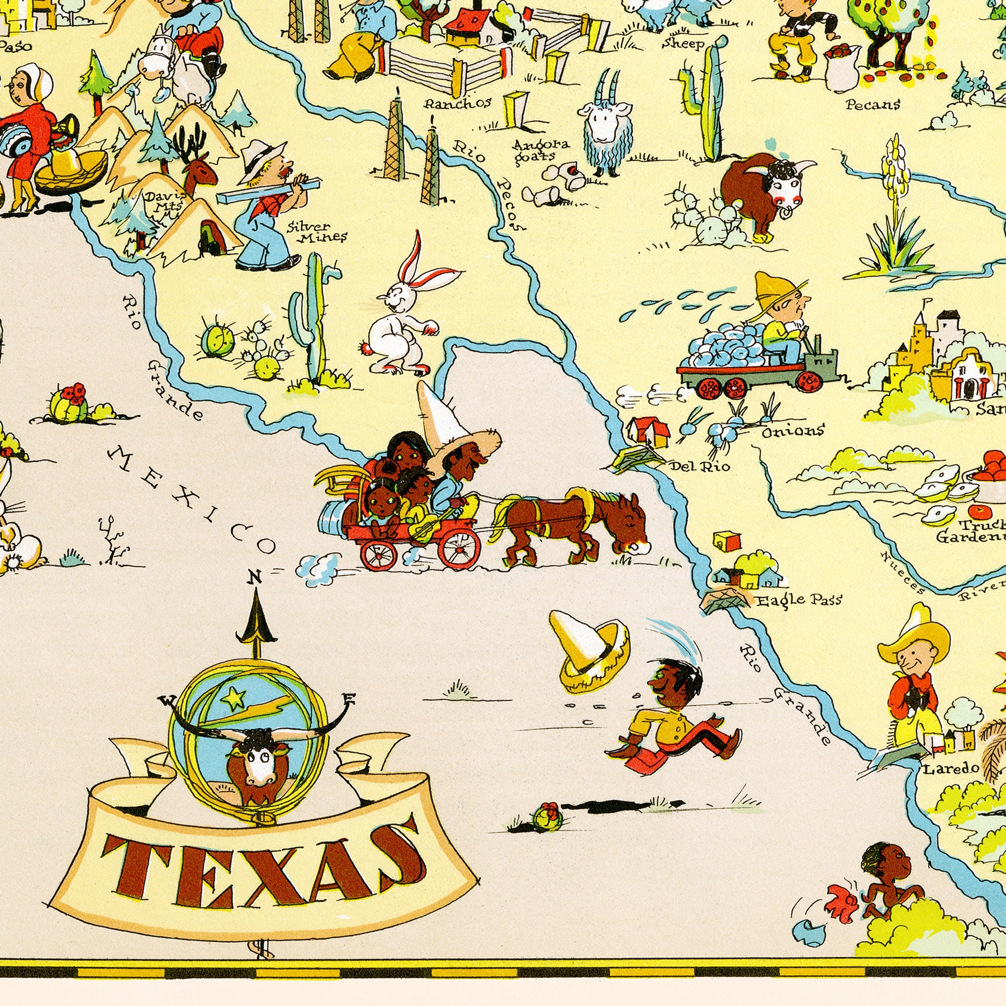 Fun State Map of Texas Vintage Pictorial Whimsical Cartoon Print ...