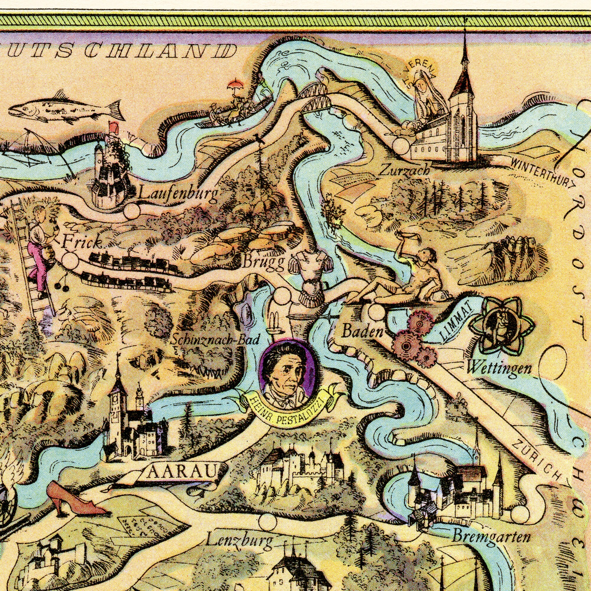 Fun Map of Basel & Nordschweiz in Switzerland - Vintage Pictorial ...