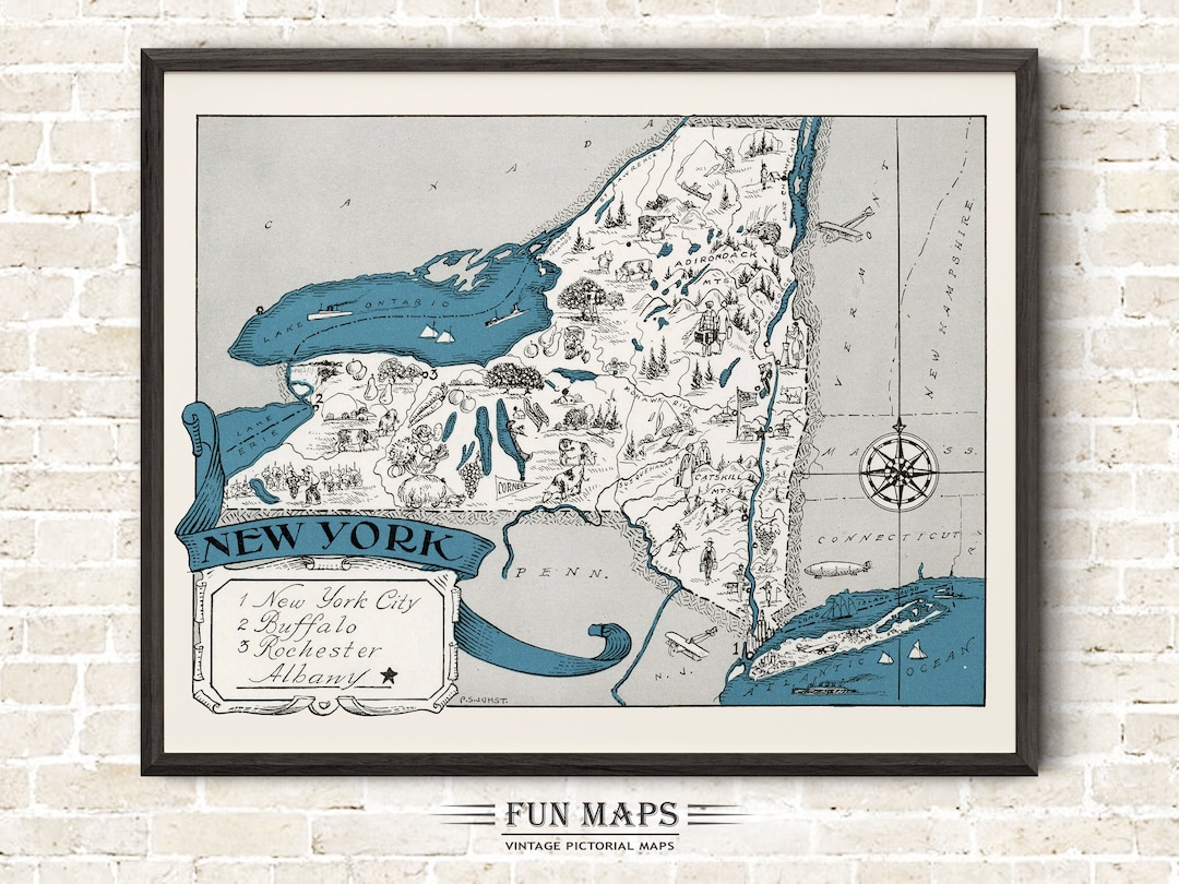 Fun Map of New York – Vintage Pictorial Whimsical Cartoon Print ...
