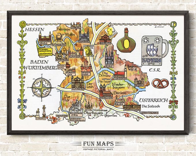 Fun Map of Bavaria in Germany, Deutschland, DE Vintage Pictorial ...