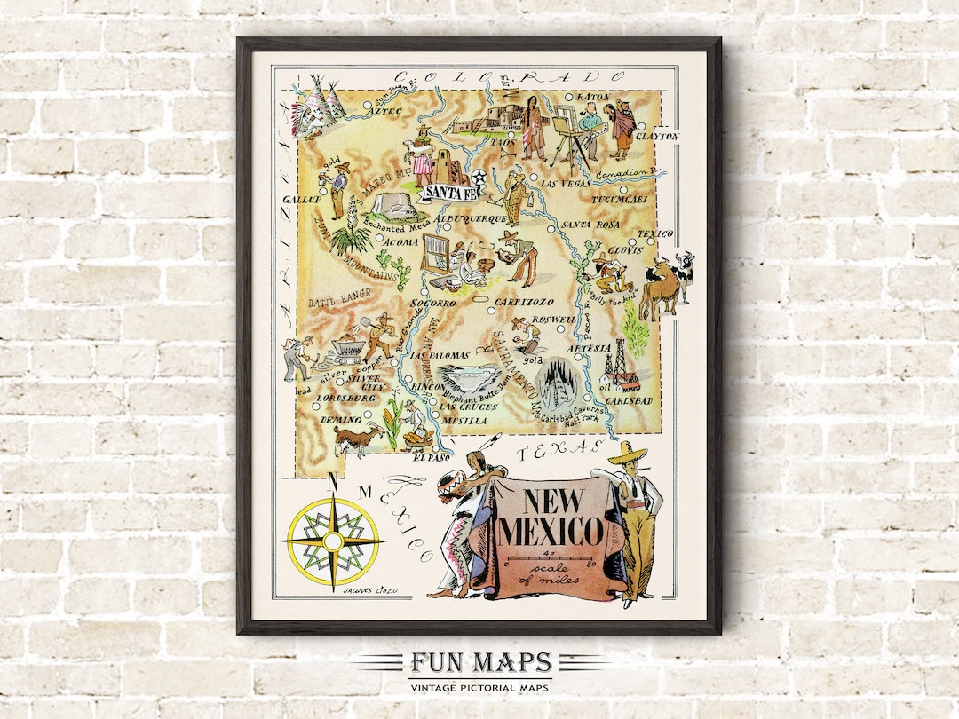 Fun State Map of New Mexico – Vintage Pictorial Whimsical Cartoon Print ...