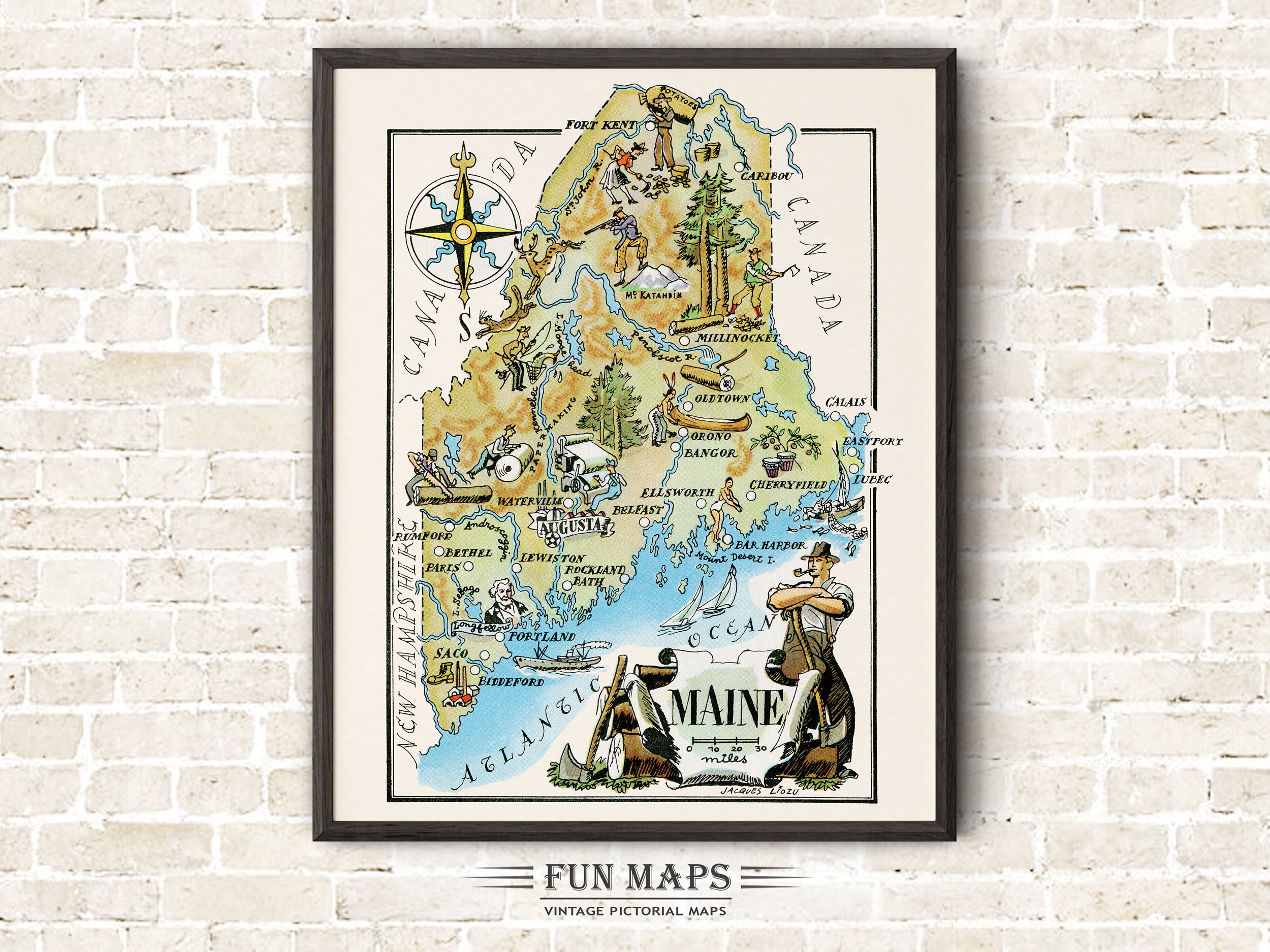 Fun State Map of Maine – Vintage Pictorial Whimsical Cartoon Print ...