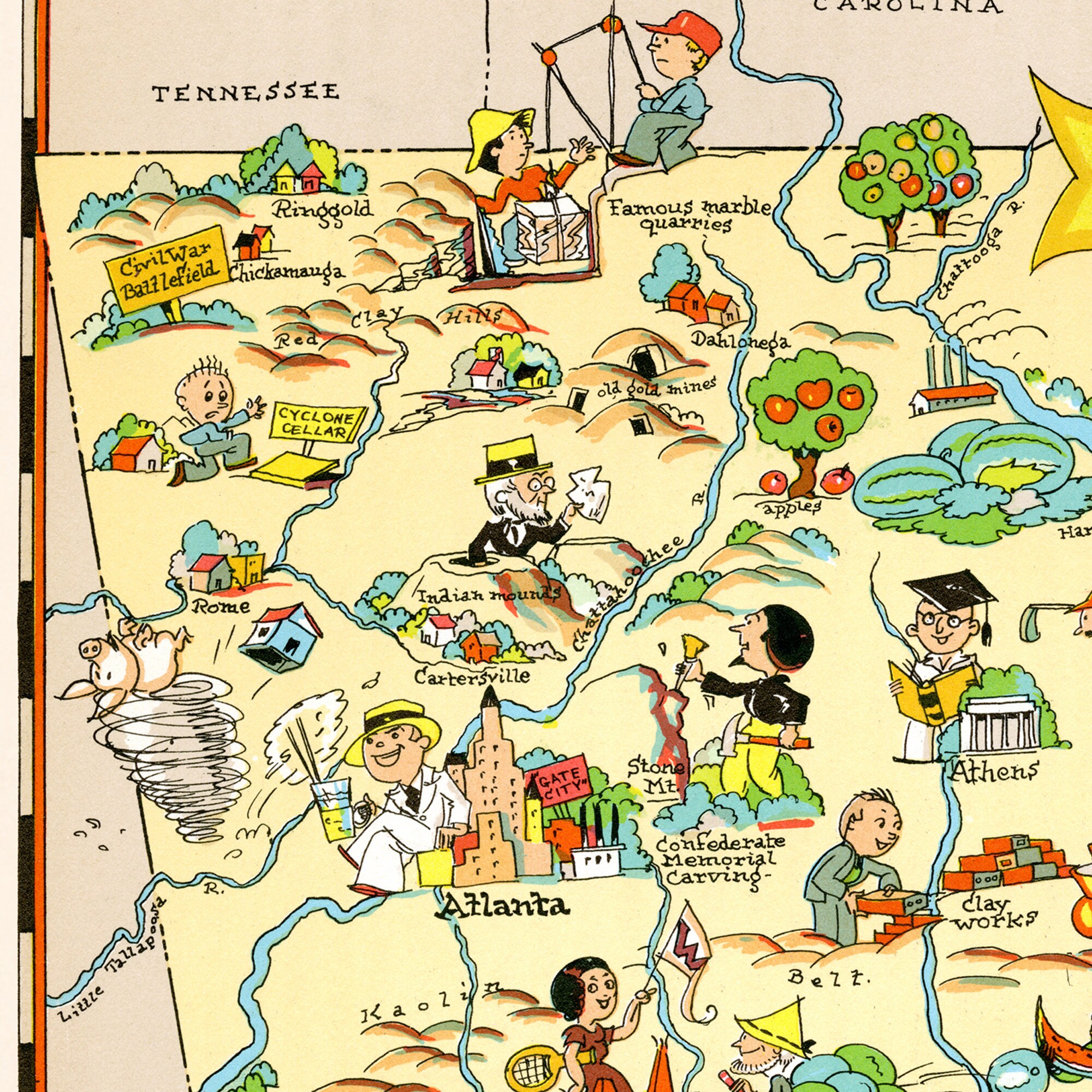 Fun State Map of Georgia Vintage Pictorial Whimsical Cartoon Print ...