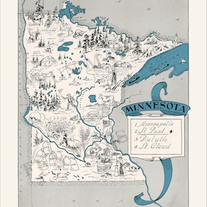 Fun Map of Minnesota – Vintage Pictorial Whimsical Cartoon Print ...
