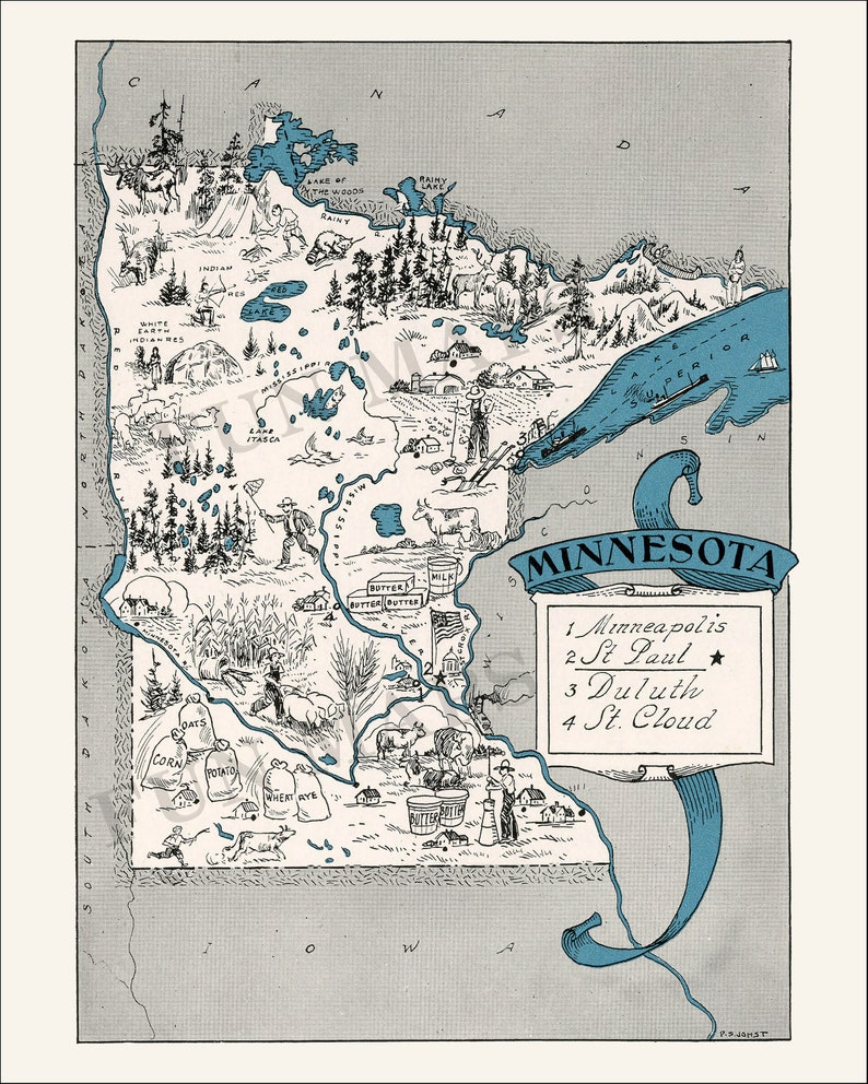 Fun Map of Minnesota Vintage Pictorial Whimsical Cartoon Print ...