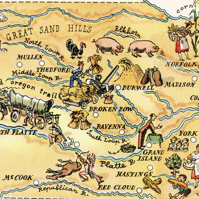 Fun State Map of Nebraska Vintage Pictorial Whimsical Cartoon Print ...