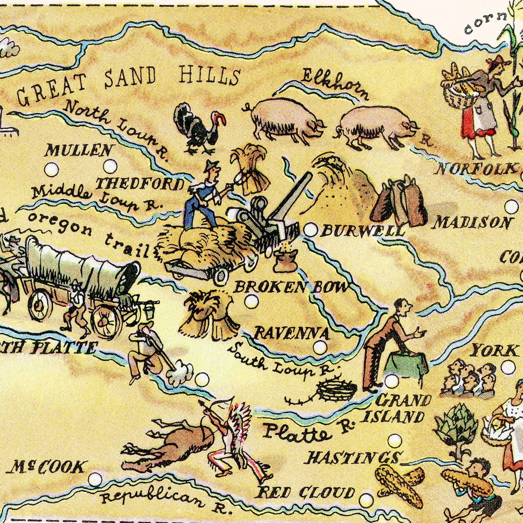 Fun State Map of Nebraska Vintage Pictorial Whimsical Cartoon Print ...