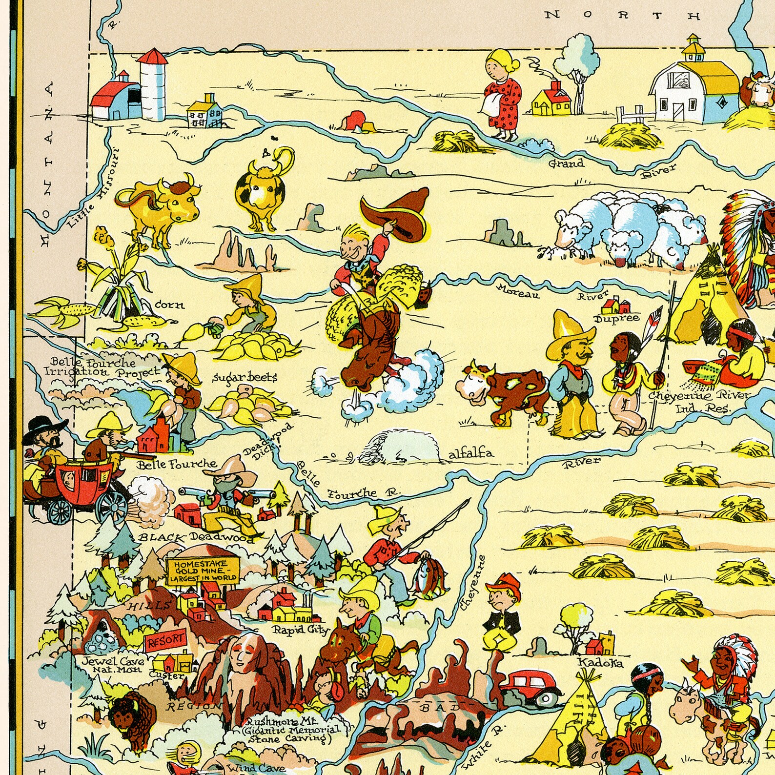 Fun State Map of South Dakota –vintage Pictorial Whimsical Cartoon ...