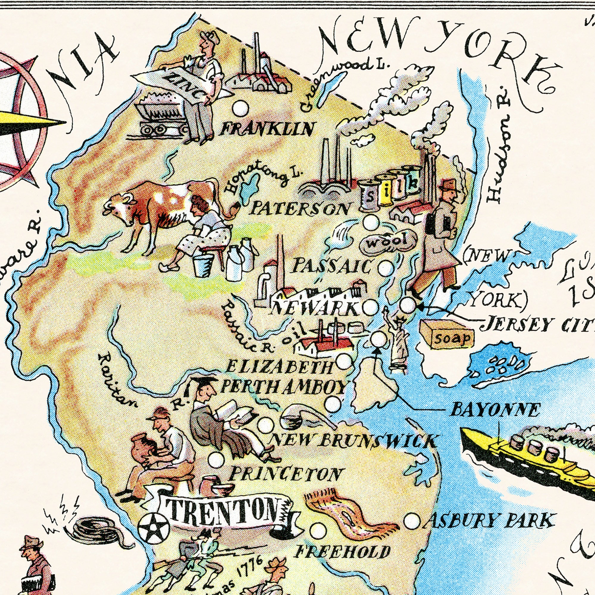 Fun State Map of New Jersey Vintage Pictorial Whimsical Cartoon Print ...