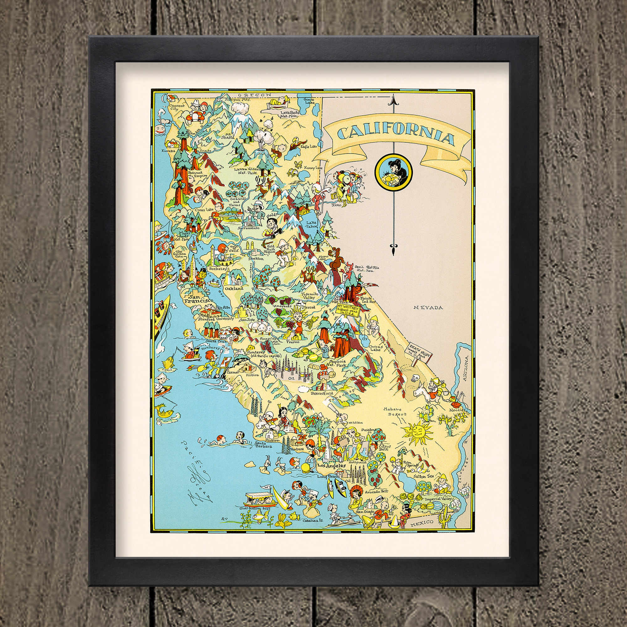 Fun State Map of California Vintage Pictorial Whimsical Cartoon Print ...