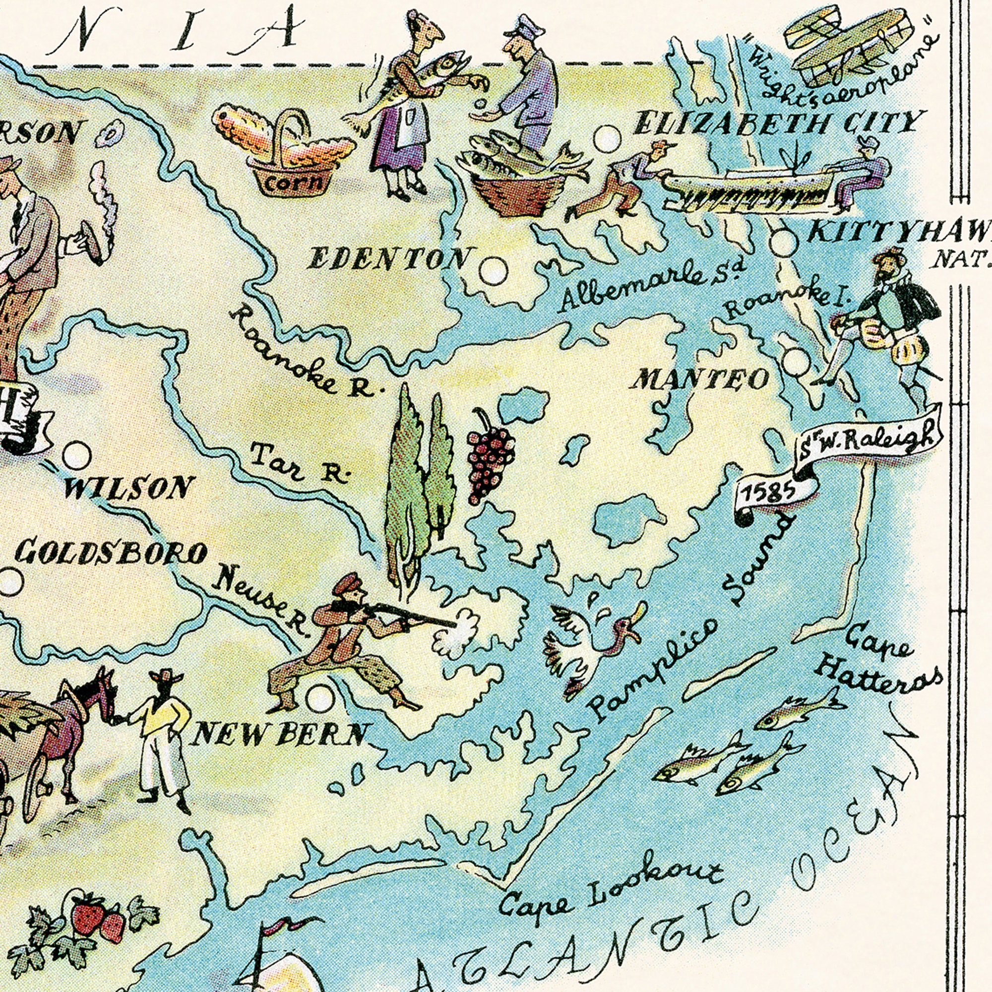 Fun State Map of North Carolina – Vintage Pictorial Whimsical Cartoon ...