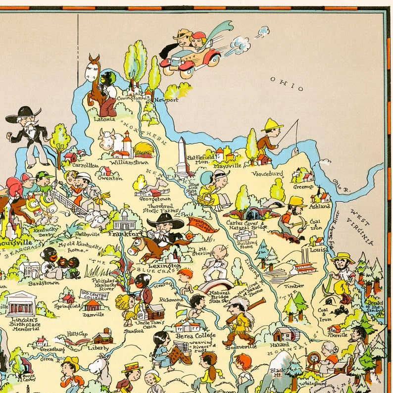 Colorful Fun State Map of Kentucky Vintage Pictorial Cartoon - Etsy