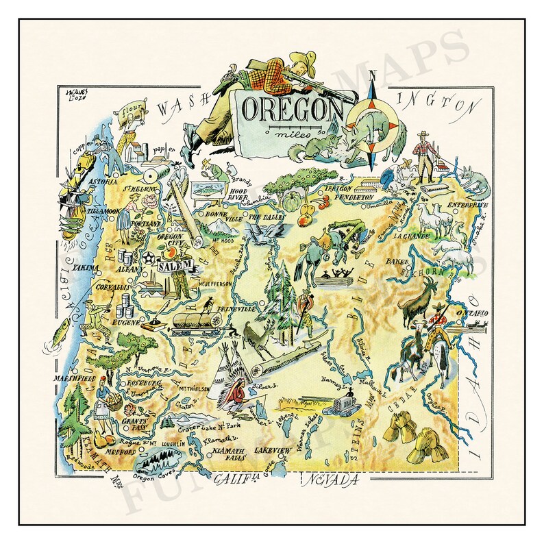 Pictorial Map of Oregon colorful fun illustration of vintage | Etsy