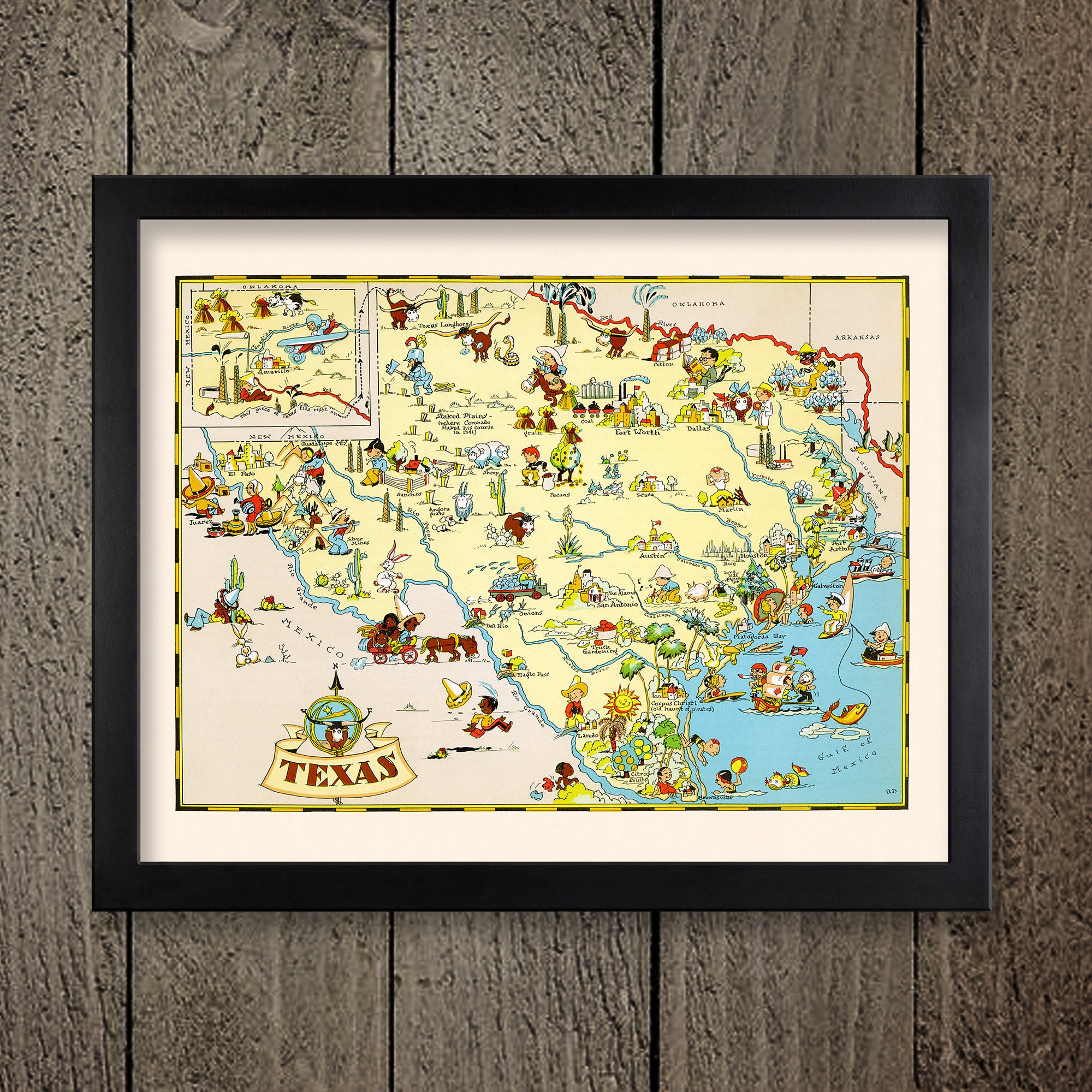 Fun State Map of Texas Vintage Pictorial Whimsical Cartoon - Etsy