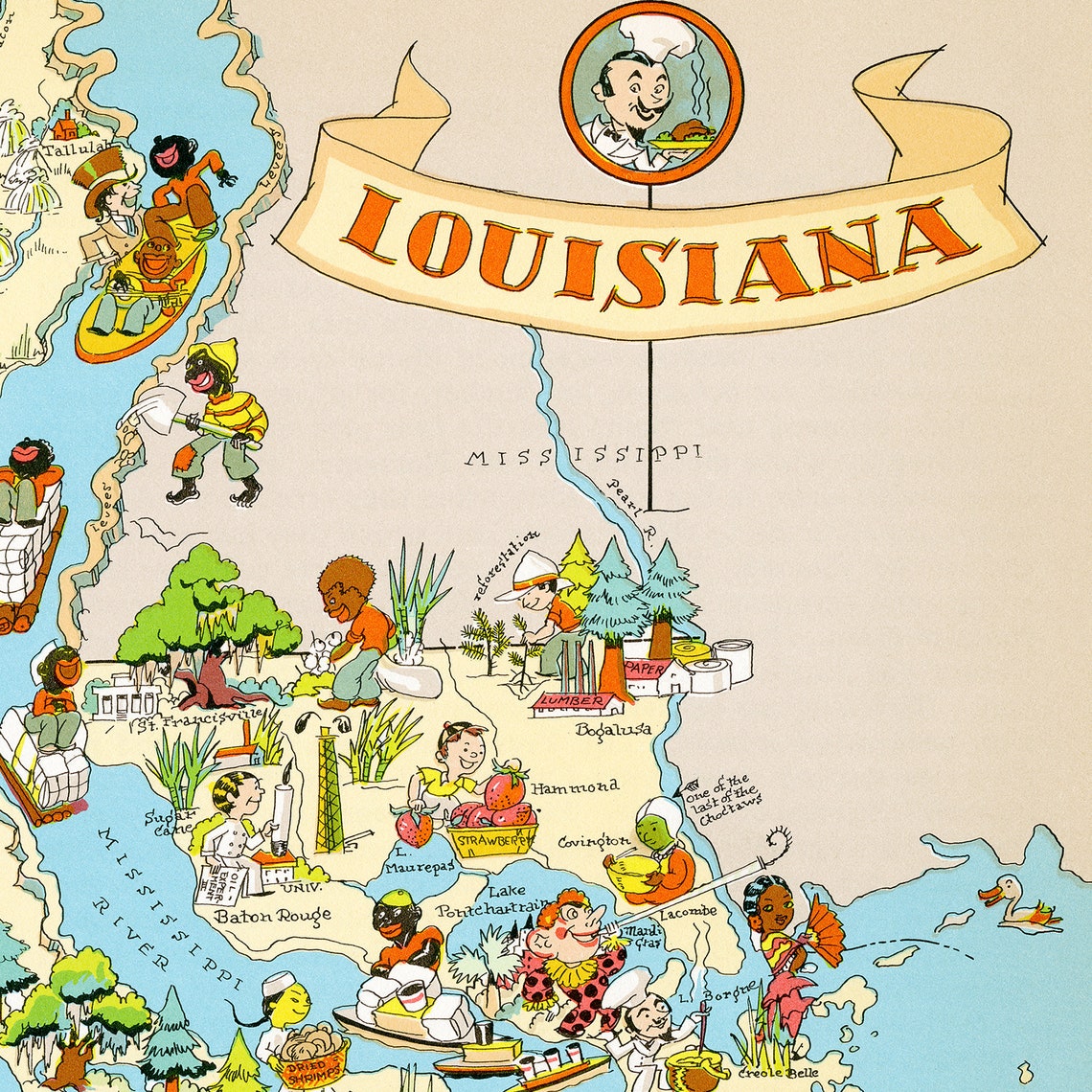 Fun State Map of Louisiana – Vintage Pictorial Whimsical Cartoon Print ...