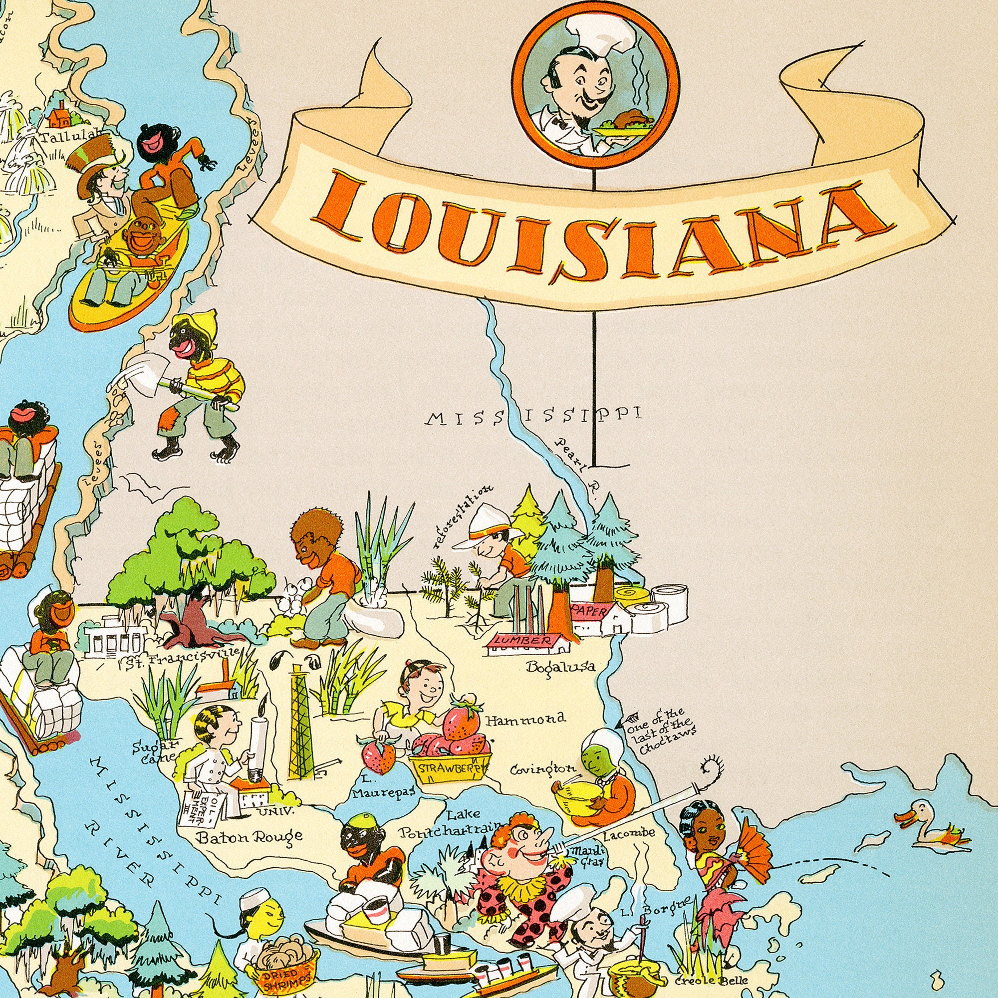 Fun State Map of Louisiana Vintage Pictorial Whimsical Cartoon Print ...