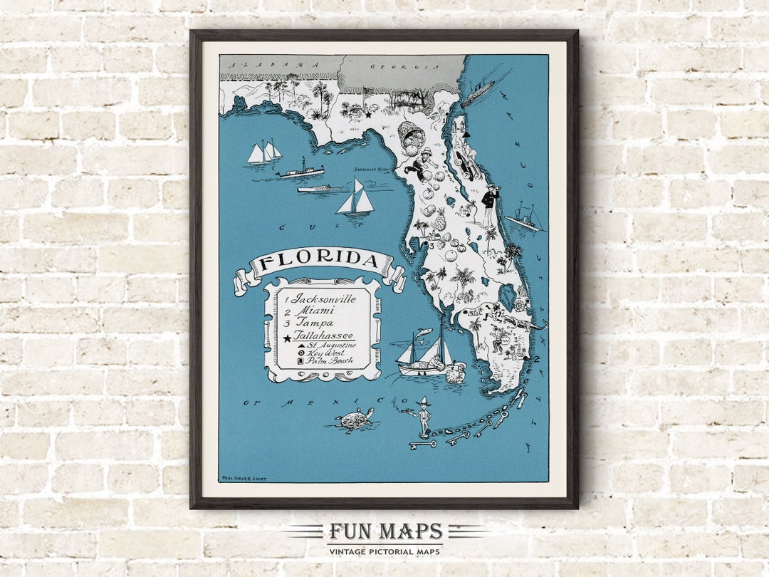 Fun Map of Florida – Vintage Pictorial Whimsical Cartoon Print ...