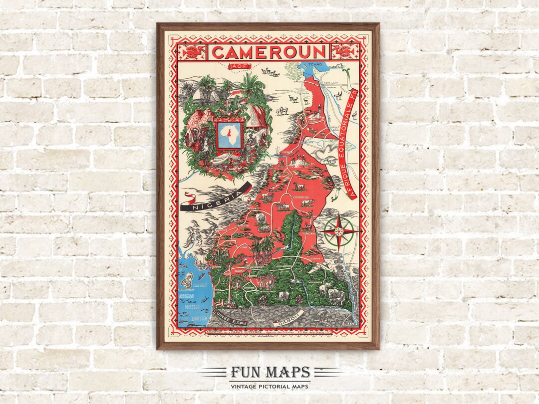 Fun Map of Cameroon in Central Africa Vintage Old Pictorial Geography ...