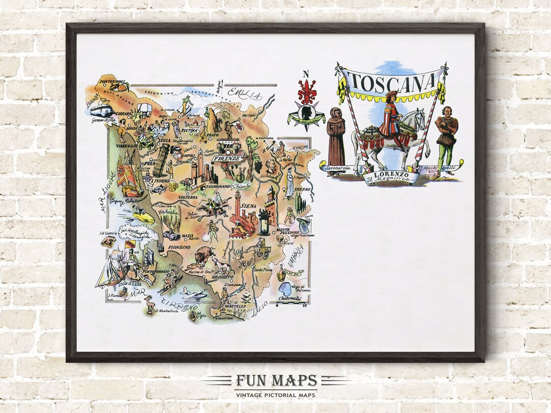 Fun Map of Tuscany in Italy Vintage Pictorial Whimsical Cartoon Old ...