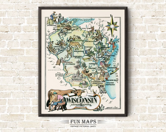 Fun State Map of Wisconsin Vintage Pictorial Whimsical Cartoon Print ...
