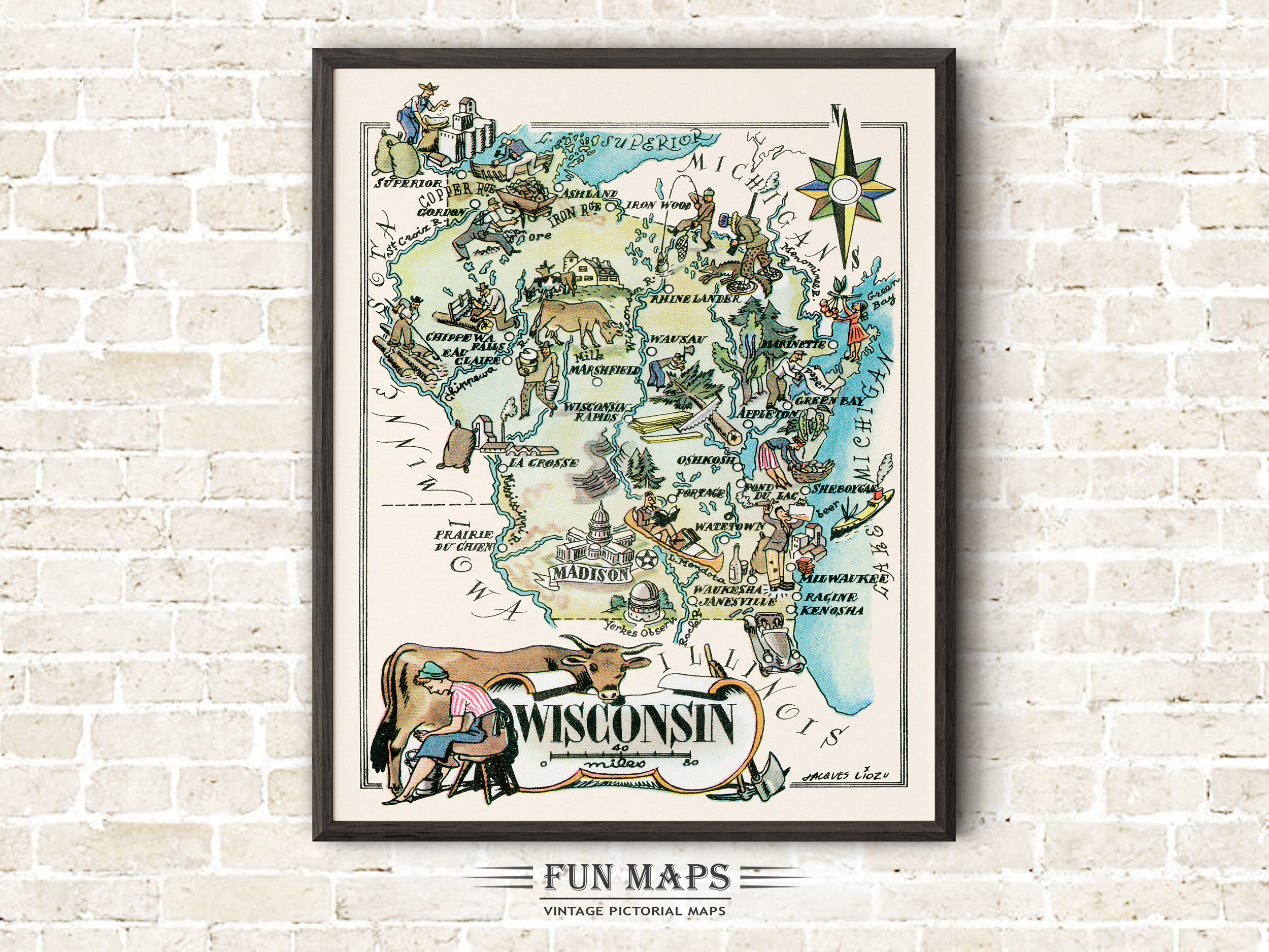 Fun State Map of Wisconsin – Vintage Pictorial Whimsical Cartoon Print ...