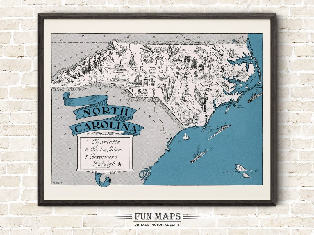 Fun Map of North Carolina – Vintage Pictorial Whimsical Cartoon Print ...
