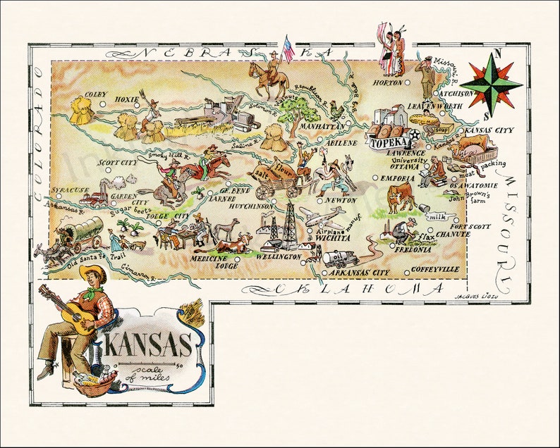 Fun State Map of Kansas Vintage Pictorial Whimsical Cartoon - Etsy