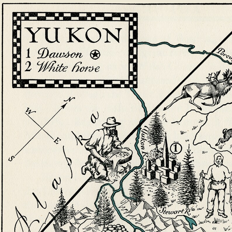 Map of Yukon, Canada – Fun Vintage Pictorial Whimsical Cartoon Old ...