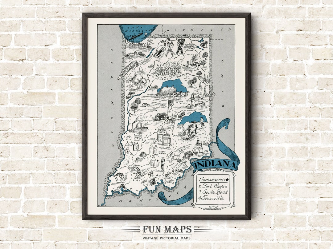 Fun Map of Indiana – Vintage Pictorial Whimsical Cartoon Print ...