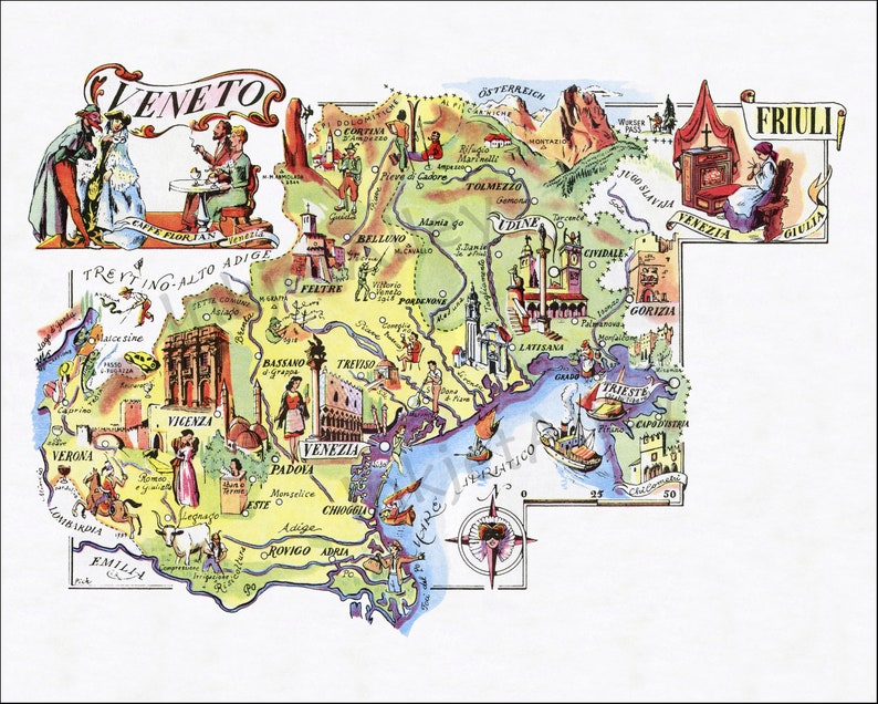 Fun Map of Veneto in Italy Vintage Pictorial Whimsical Cartoon Old ...